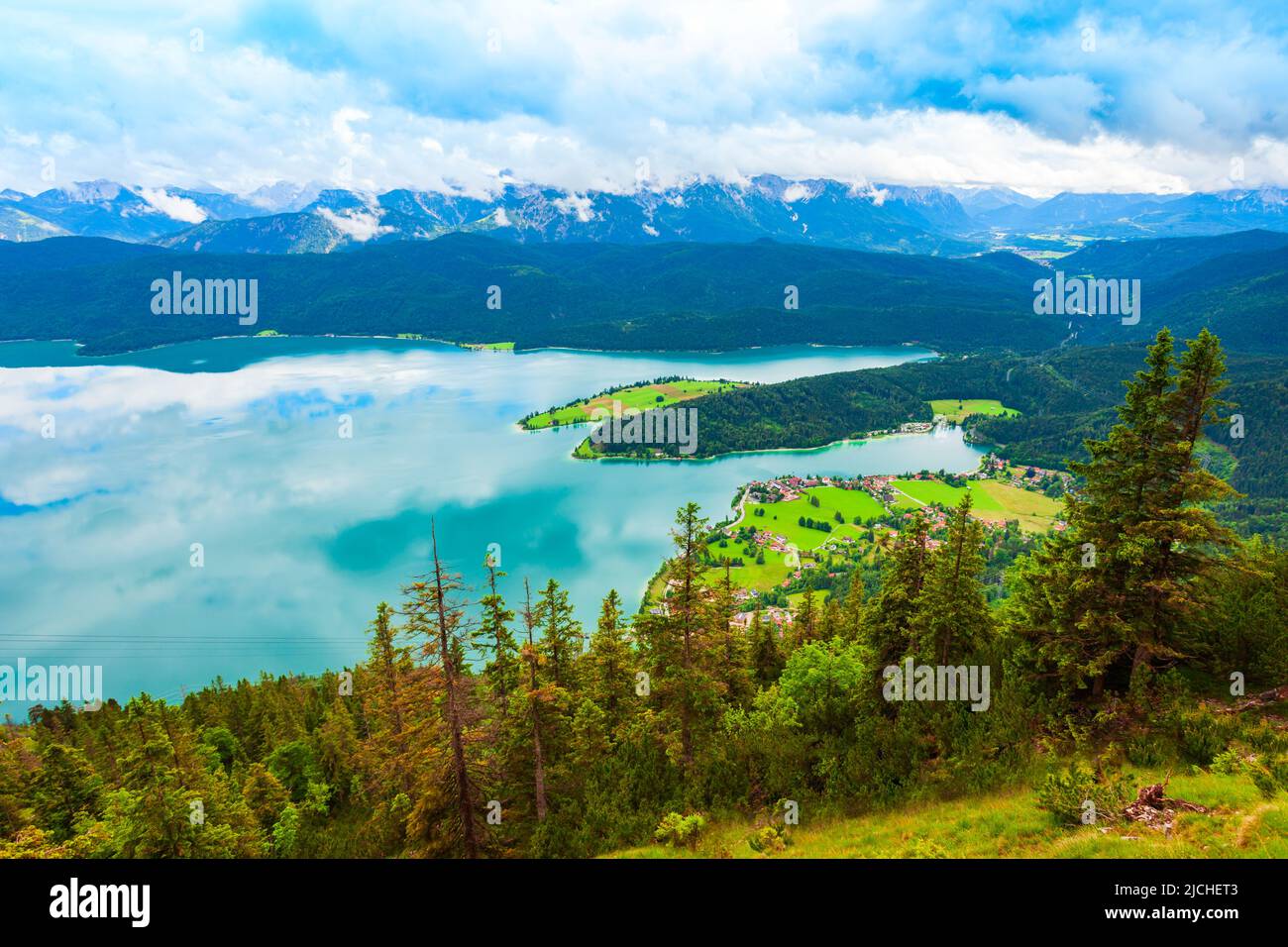 Walchensee aerial panoramic view from Herzogstand viewpoint. Walchensee ...