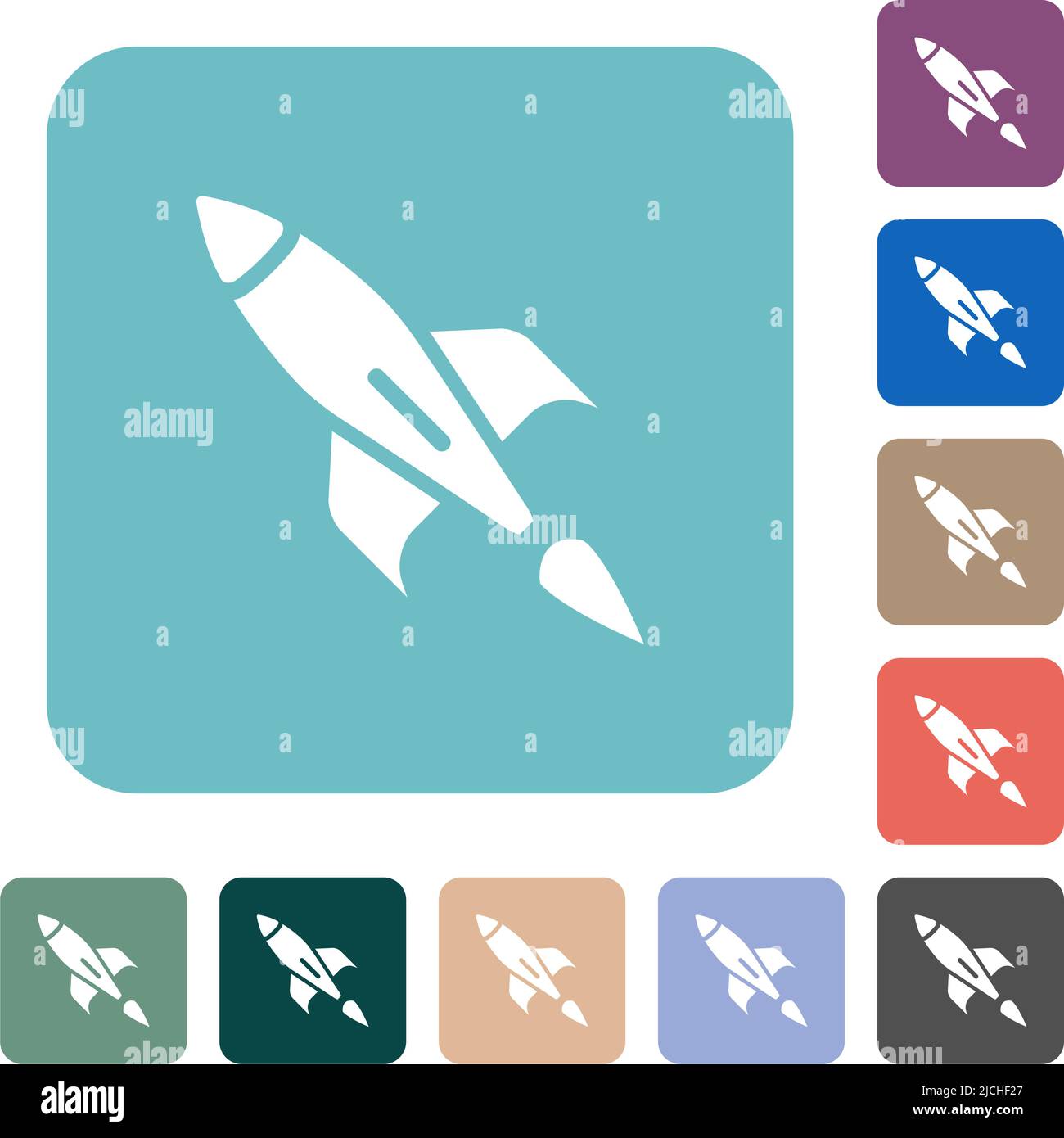 Single launched rocket white flat icons on color rounded square ...