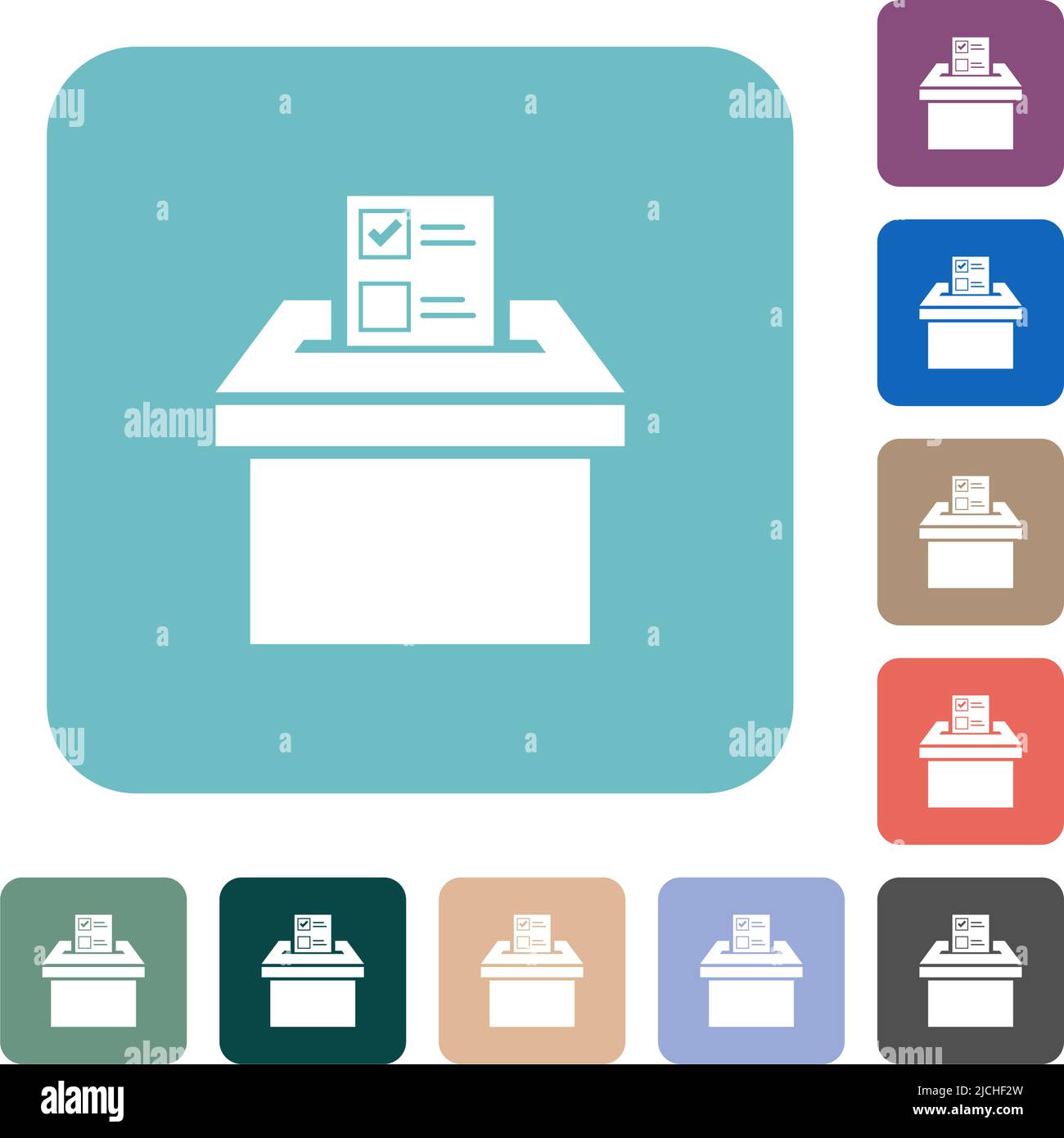 Voting paper and ballot box solid white flat icons on color rounded ...