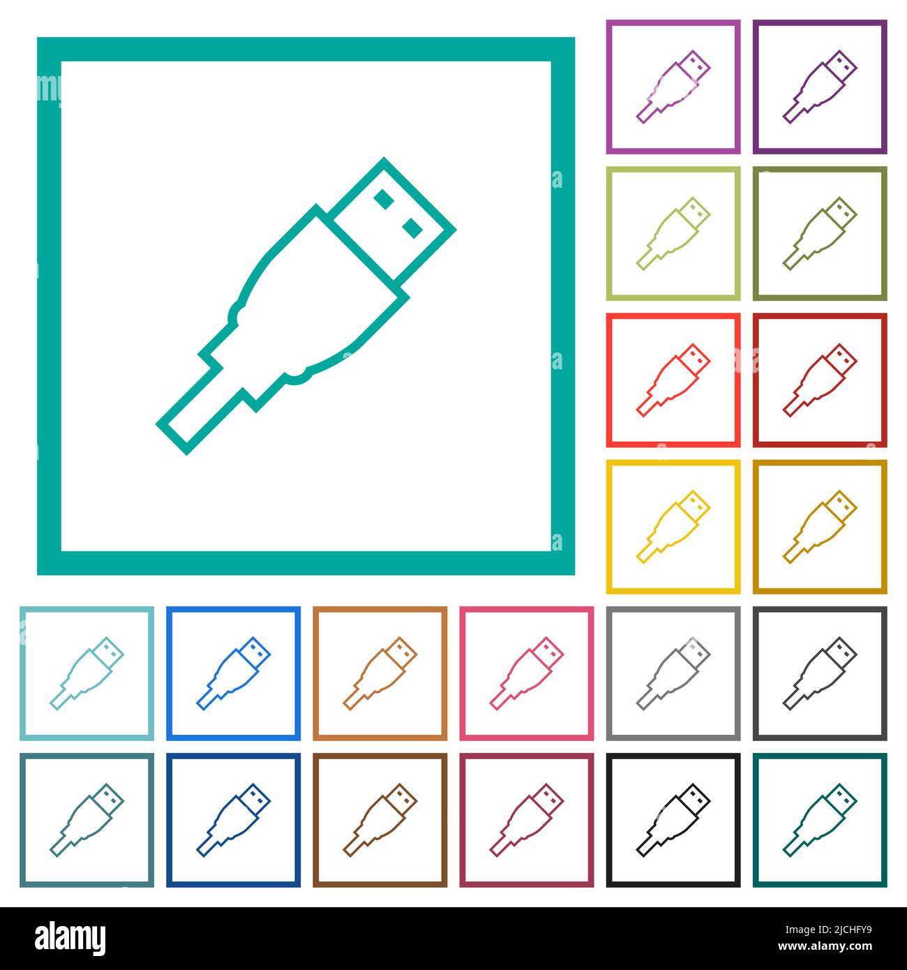 USB plug outline flat color icons with quadrant frames on white ...