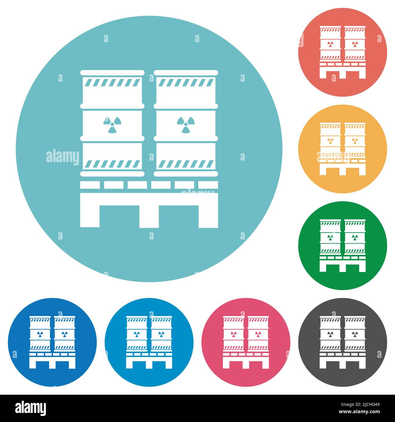 Pallet with radioactive waste flat white icons on round color ...