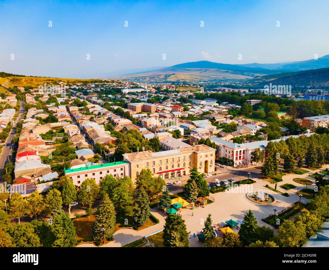 Stalin Avenue aerial panoramic view in Gori, Georgia. Gori is a city in ...