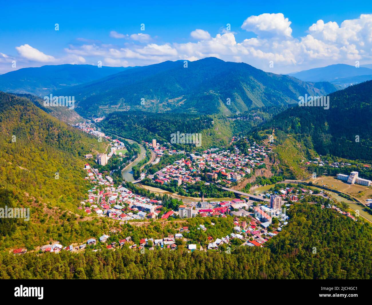 Borjomi aerial panoramic view. Borjomi is a resort town in Samtskhe ...