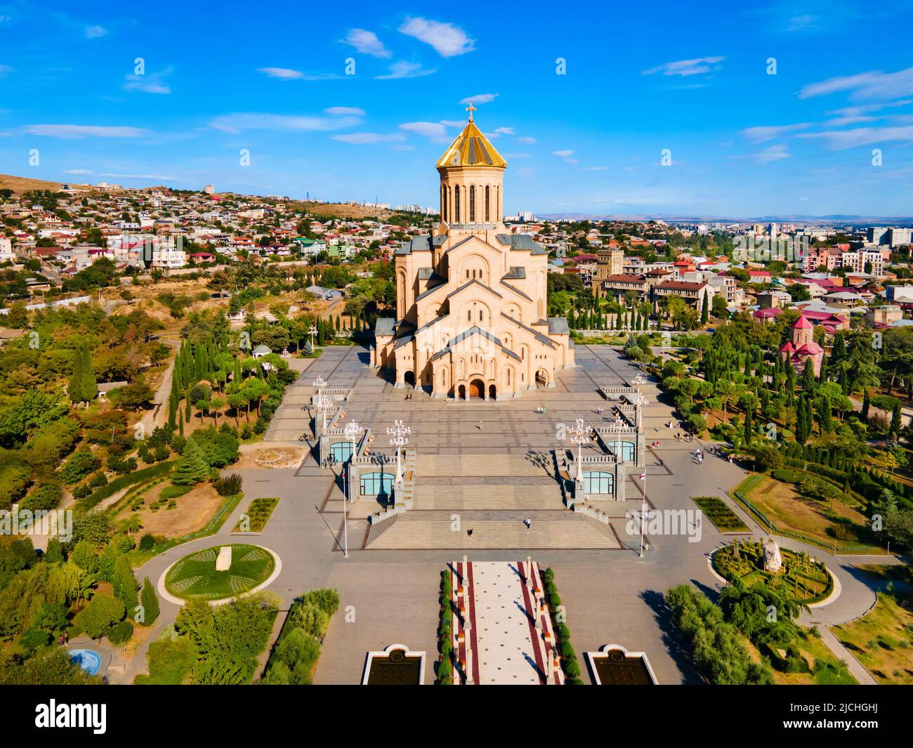 Holy Trinity Cathedral or Tsminda Sameba Church aerial panoramic view ...