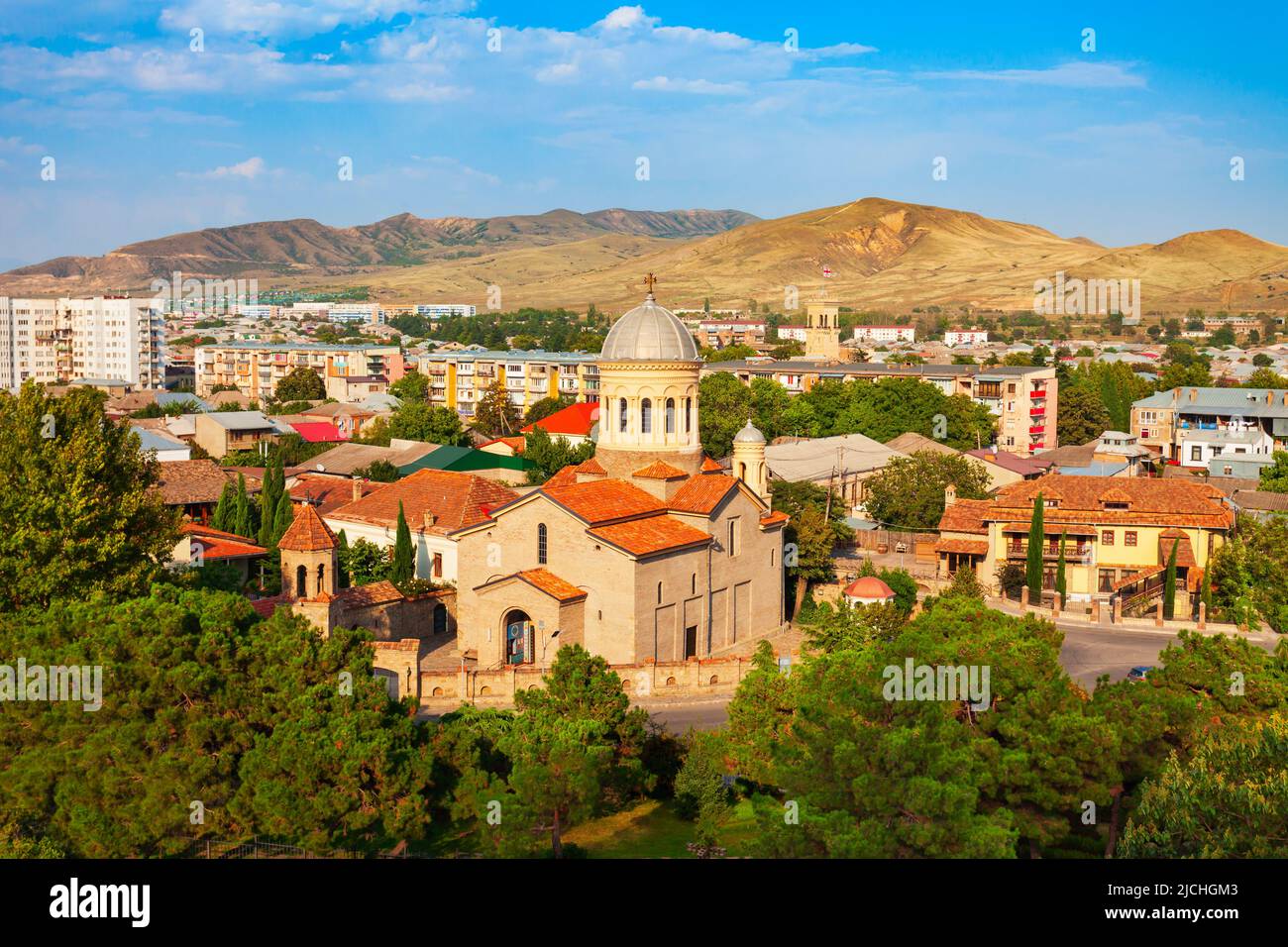 Gori Cathedral of Saint Mary town aerial panoramic view, Georgia. Gori ...