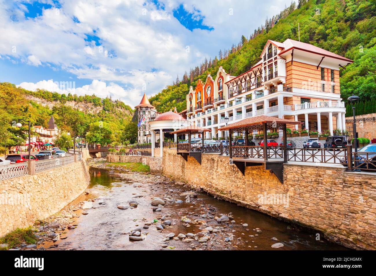 Borjomula river in Borjomi town. Borjomi is a resort town in Samtskhe ...