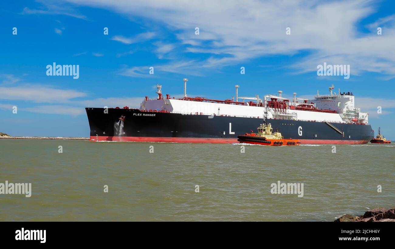 PORT ARANSAS, TX - 22 FEB 2020: The FLEX RANGER, a blue LNG Tanker Ship ...