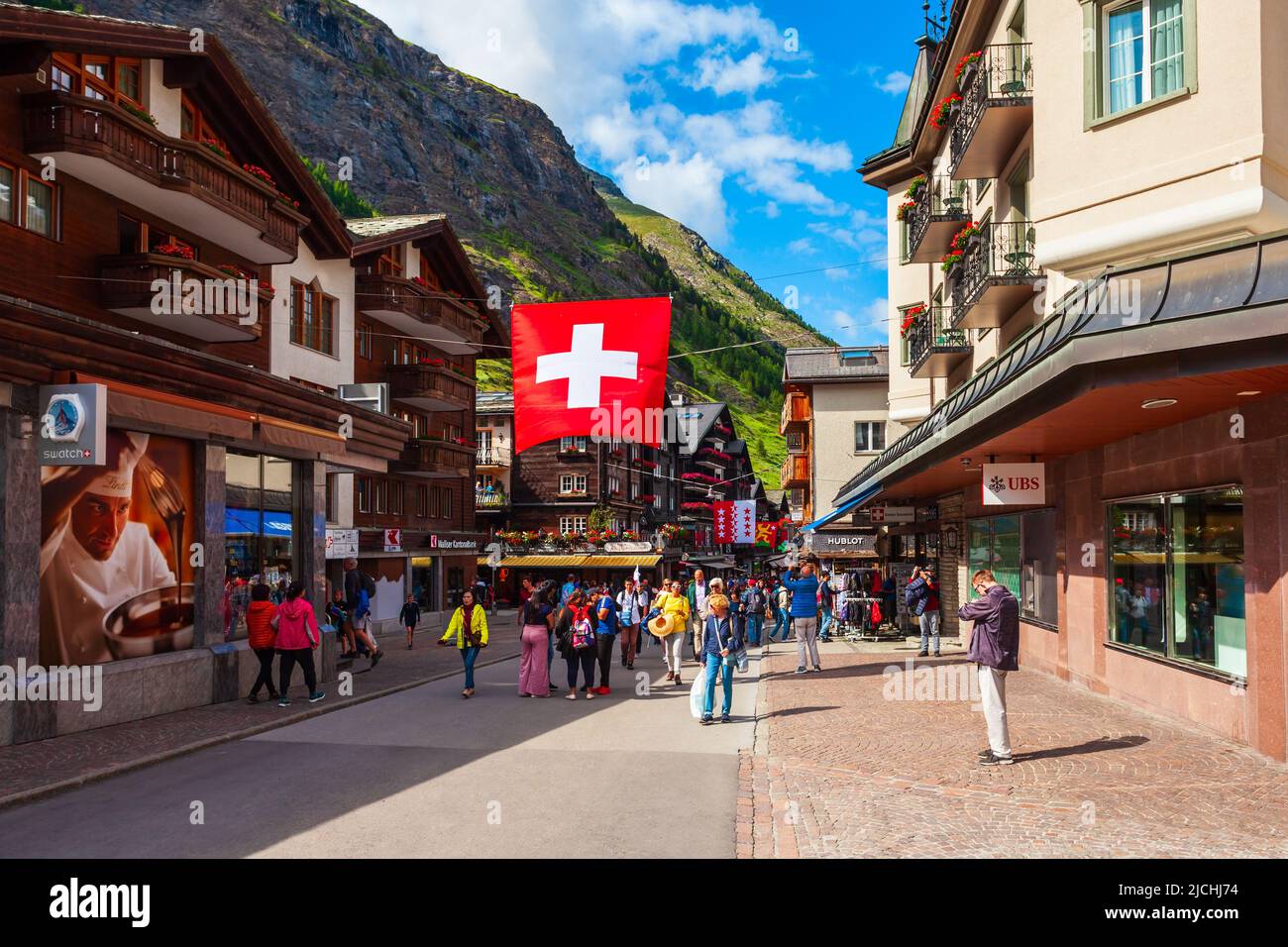 ZERMATT, SWITZERLAND - JULY 15, 2019: Traditional local houses in the ...