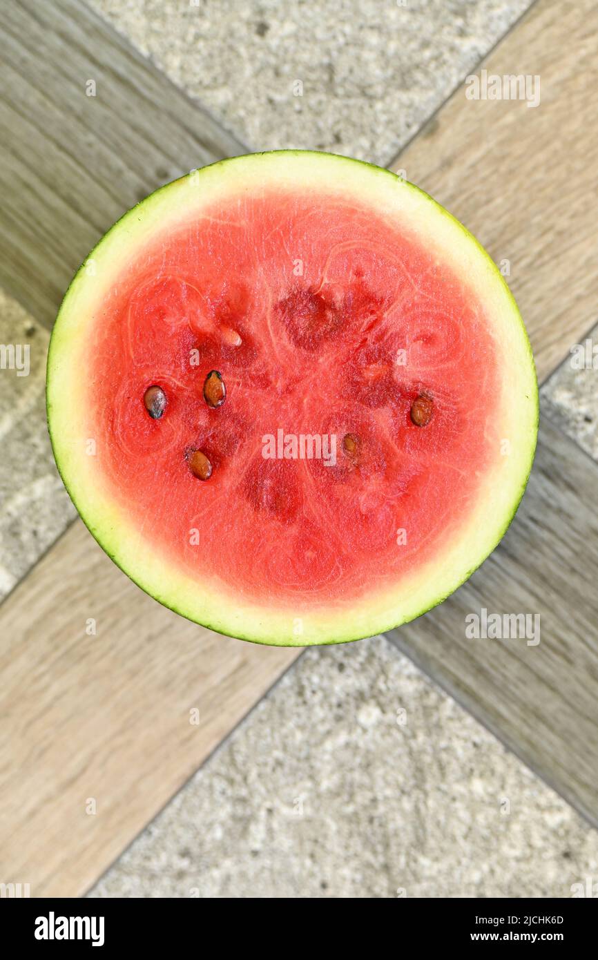 closeup the fresh sliced red ripe watermelon soft focus natural grey ...