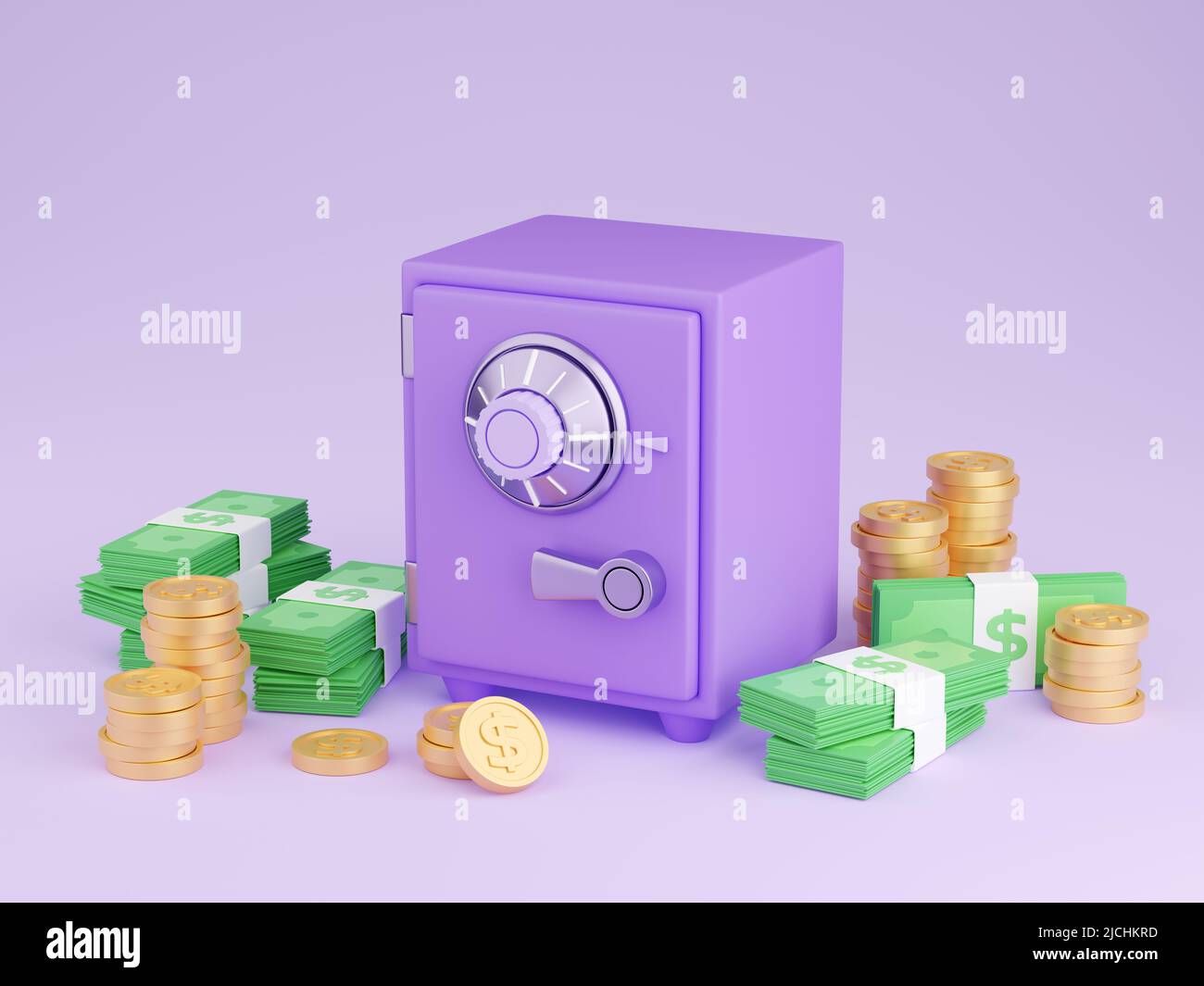 Safe box with money 3d render - illustration of closed purple strongbox ...