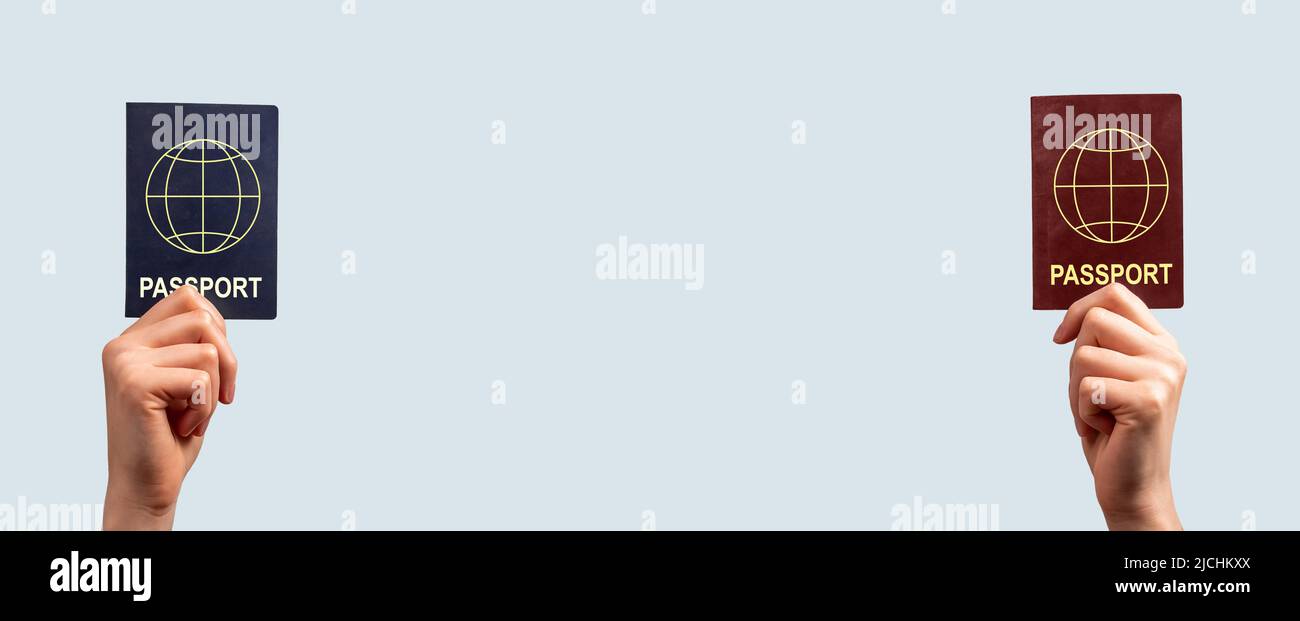 Banner with hands showing two passports. Immigration, multiple, dual ...