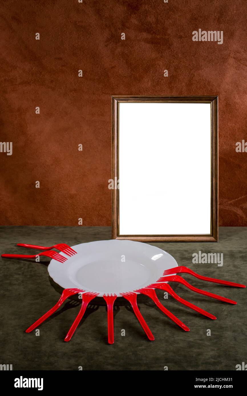 Still life with forks, plate and frame illustration Stock Photo - Alamy