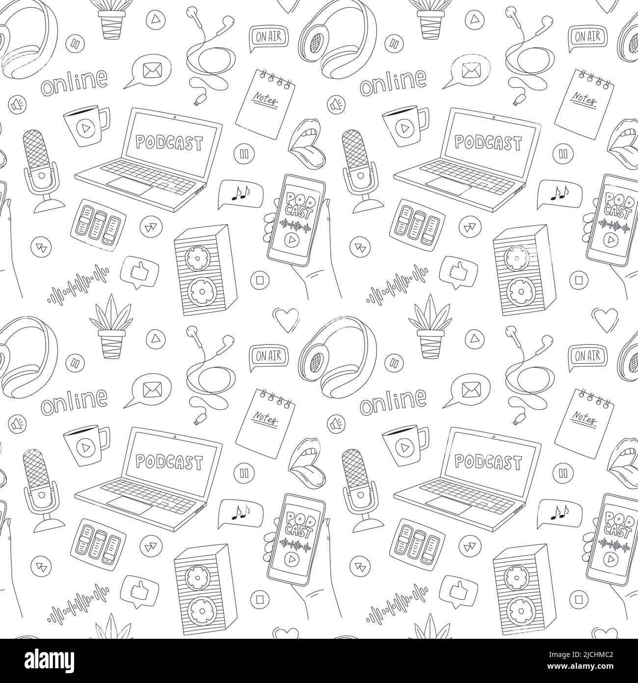 Seamless pattern with doodle elements symbolizing podcast, radio ...