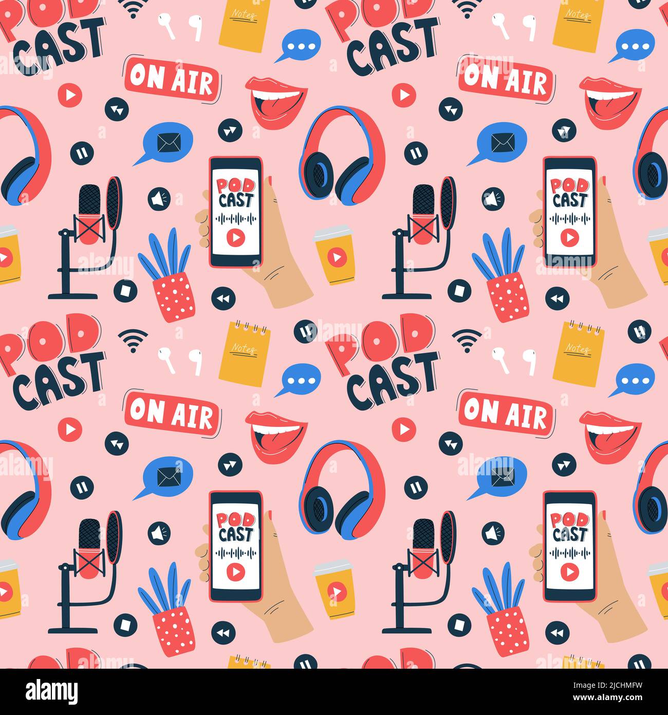 Seamless pattern with colored doodle elements for podcast, radio ...