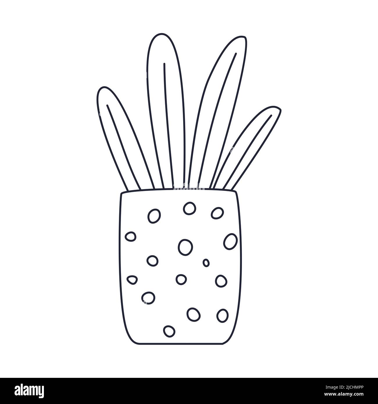 A simple house plant in a pot. Outline doodle. Black and white vector ...