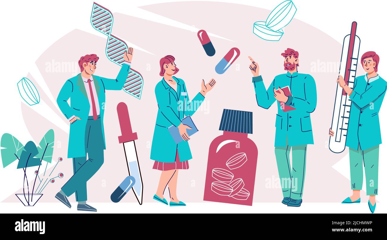 Healthcare banner or poster with doctors or pharmacists men and women ...