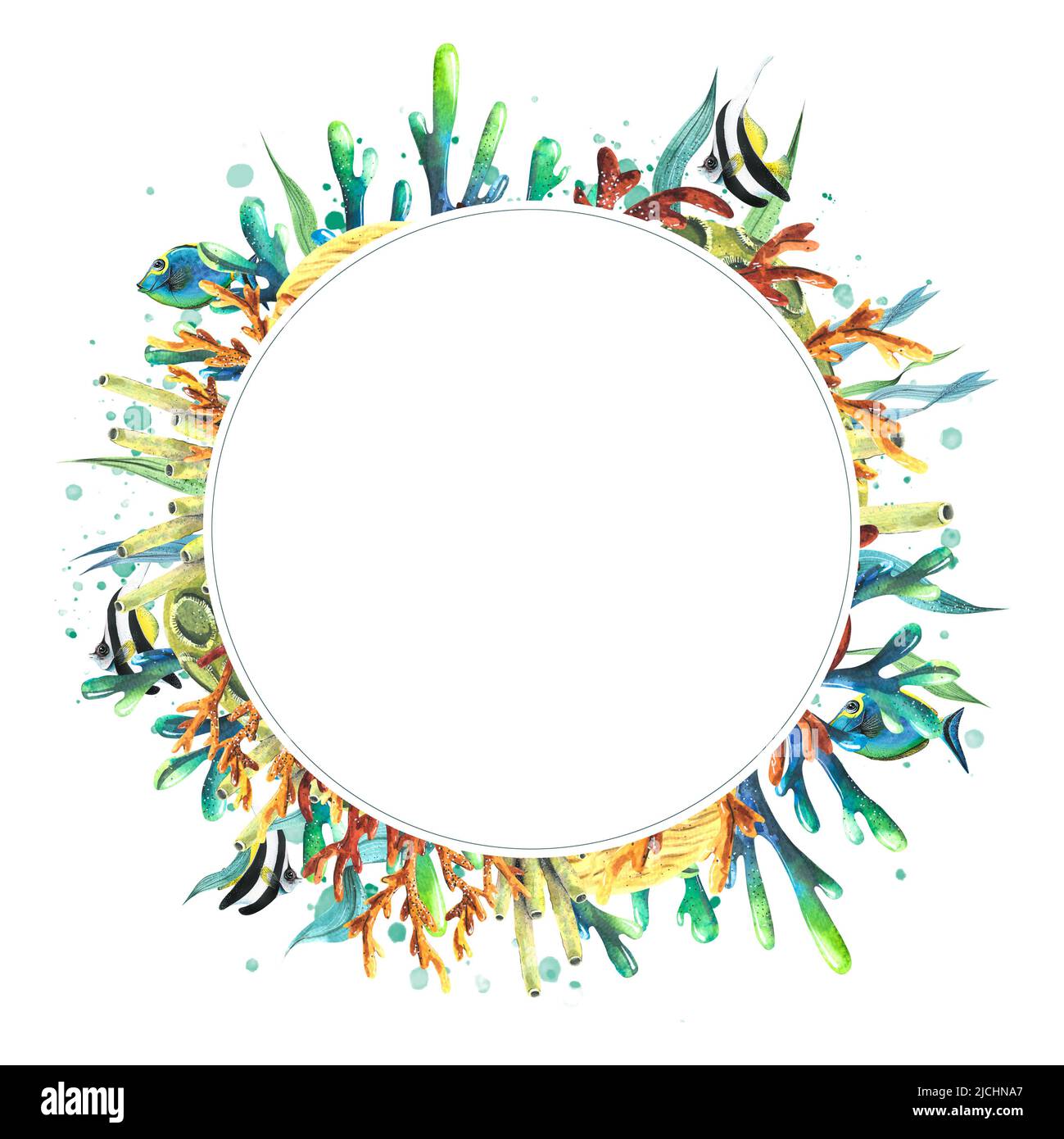Round frame with corals, sea sponges, algae and tropical fish ...
