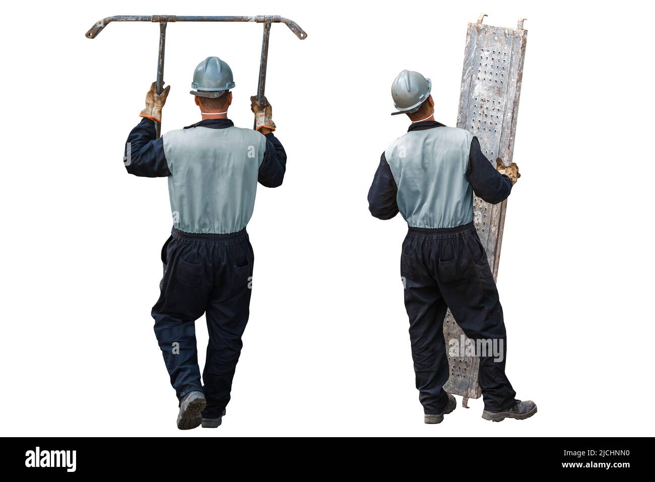 Rear view of Brazilian construction workers holding scaffolding ...