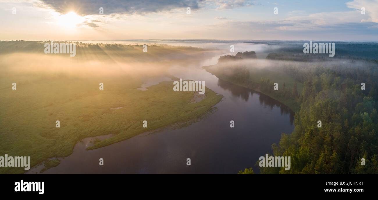 Aerial panoramic landscape with sunset over the river and beautiful ...