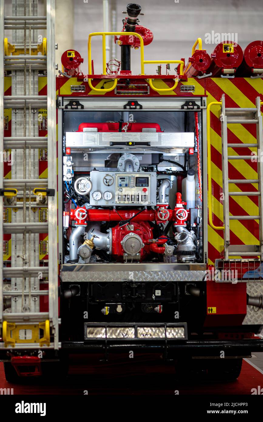 The back of the fire truck. Fire extinguishing valves and hoses Stock ...