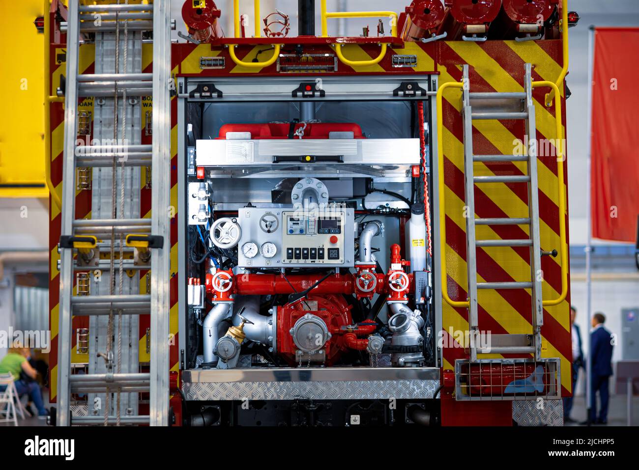 The back of the fire truck. Fire extinguishing valves and hoses Stock ...