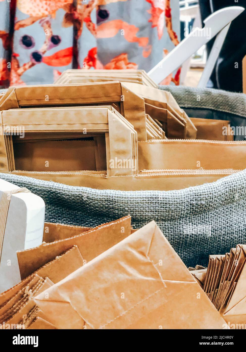 Eco-friendly shopping bags selling during local market. Sustainable ...