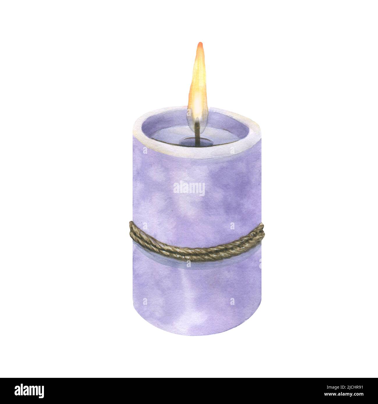 A candle with a jute rope, with a flame, lilac color from a large set ...