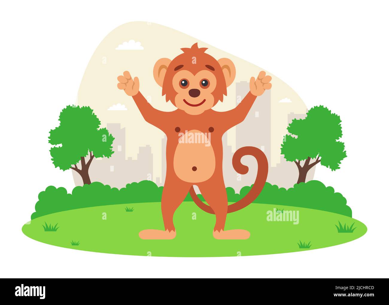 brown monkey in full growth in a clearing. flat vector illustration ...