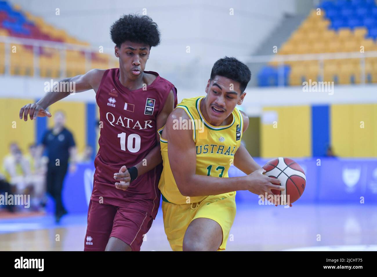 Doha, Qatar. 13th June, 2022. Roman Siulepa (R) of Australia Basketball ...