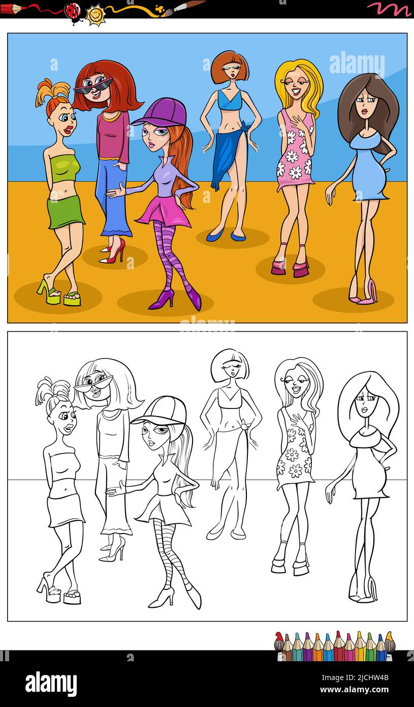 Cartoon illustration of pretty girls or young woman characters group ...
