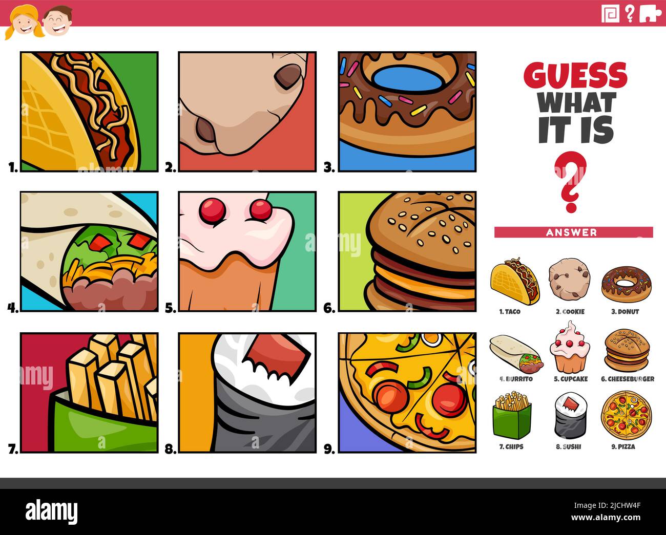 Cartoon illustration of educational game of guessing food objects for ...
