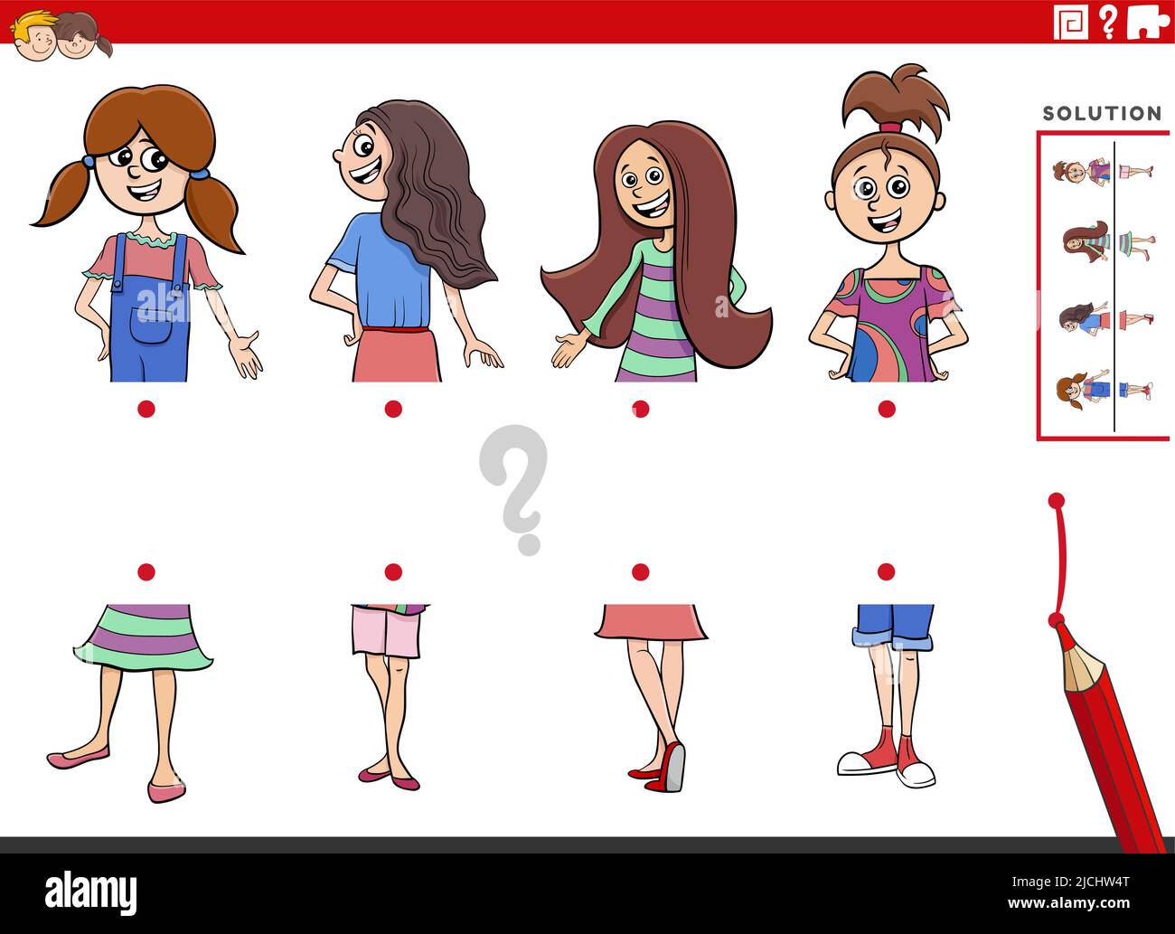 Cartoon illustration of educational task of matching halves of pictures ...