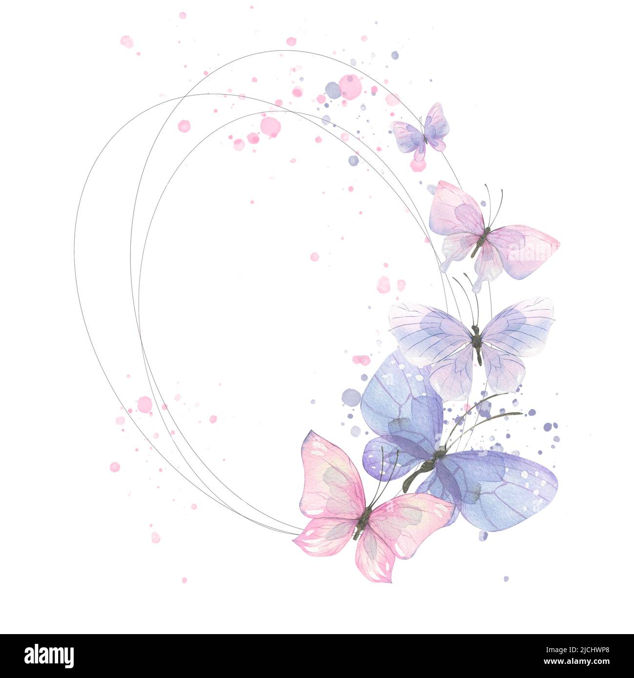 Oval frame with butterflies and splashes of paint. Delicate, airy ...