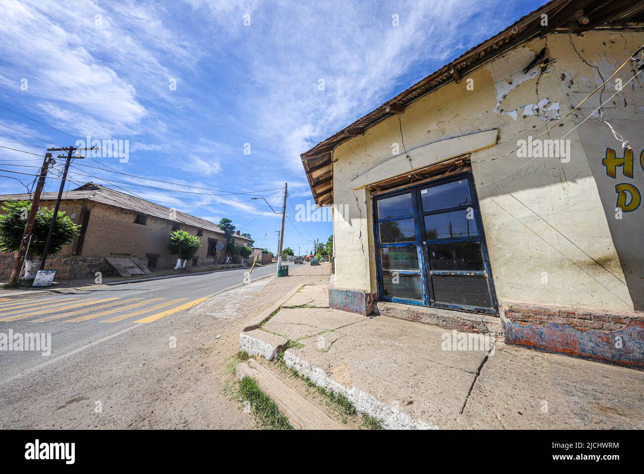 Facade of an adobe house, an old building in Esqueda, Mexico. Esqueda ...