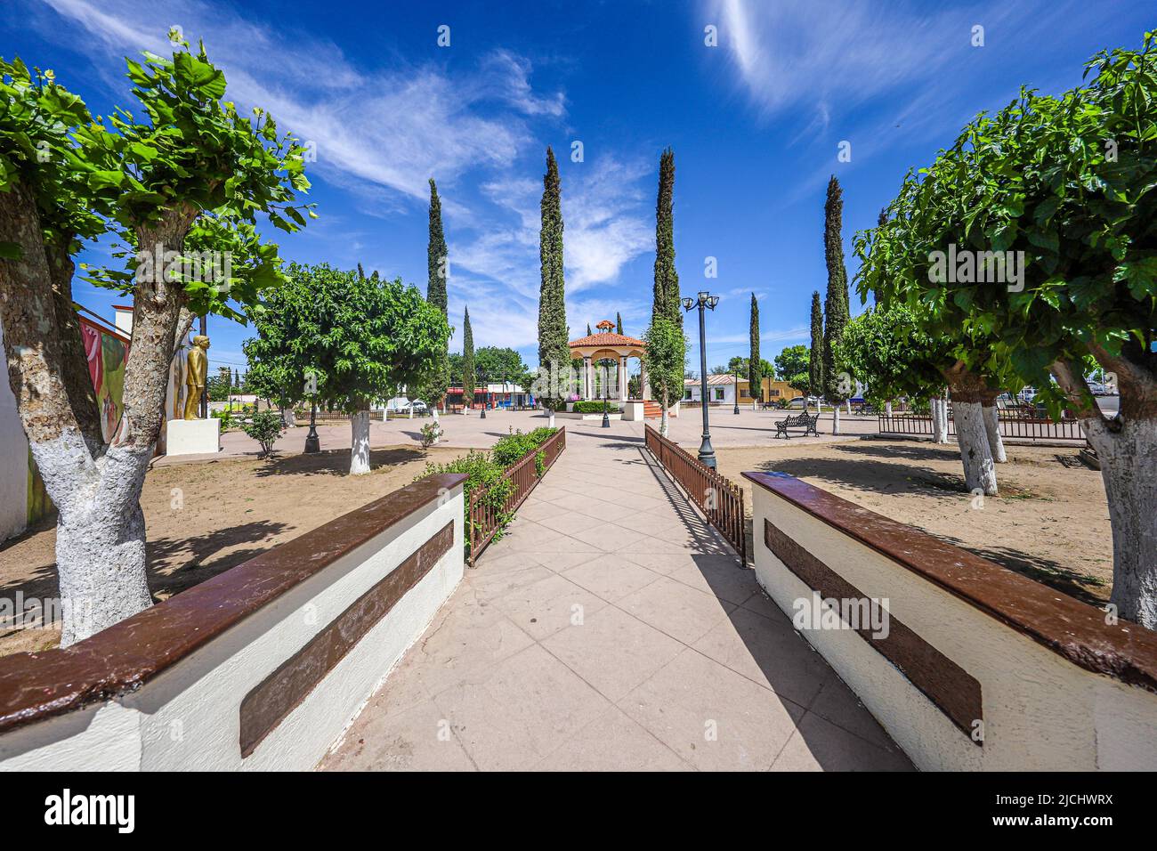 Public square on a day with intense blue sky color in Esqueda, Mexico ...