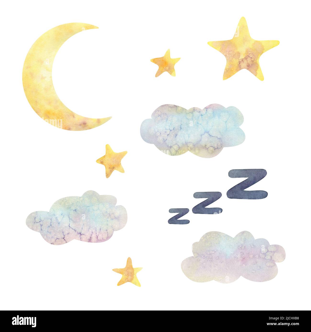 Watercolor illustration set of moon, stars, clouds, letters ZZZ . Night ...