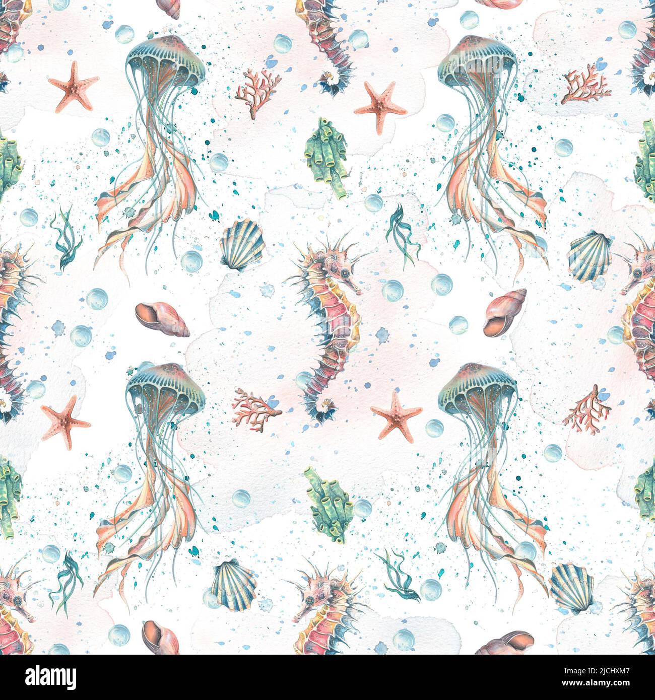 Watercolor illustration pattern starfish, shells, corals, jellyfish ...
