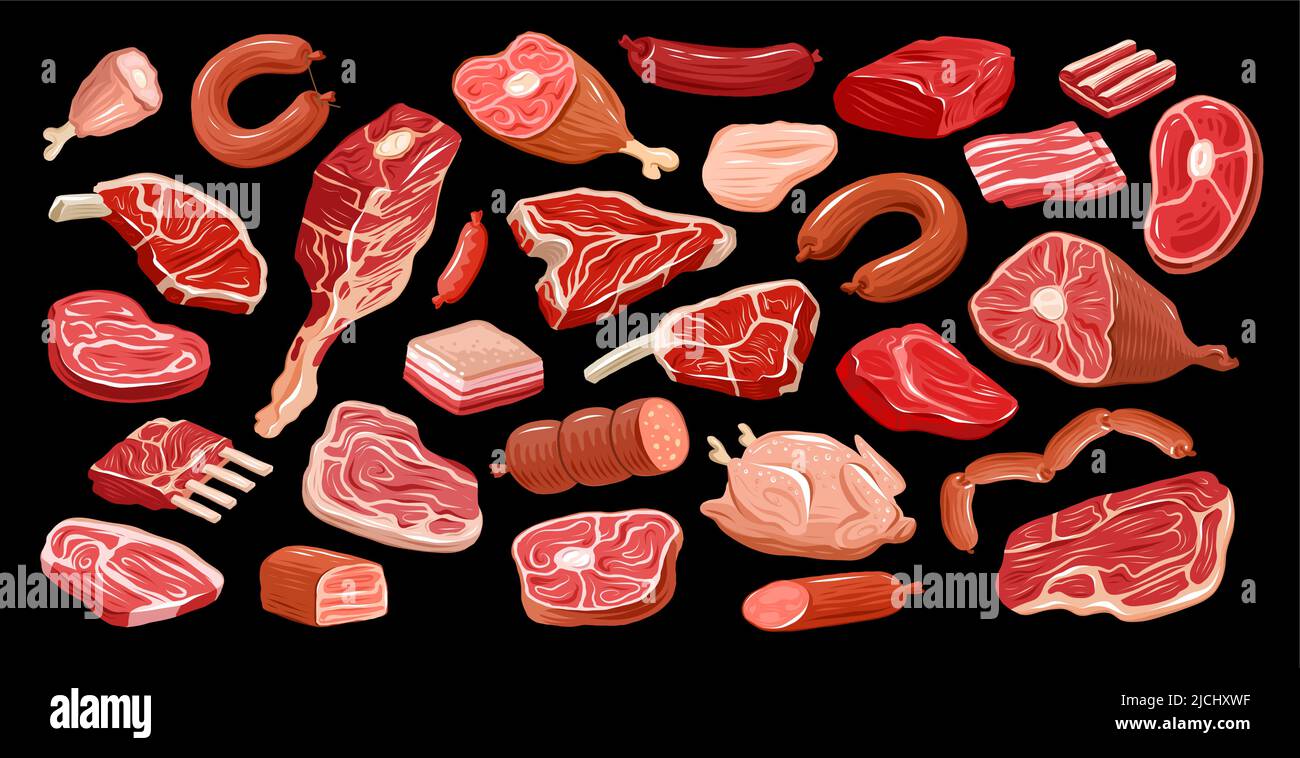 Meat delicacies set for butcher shop menu design. Farm organic food ...