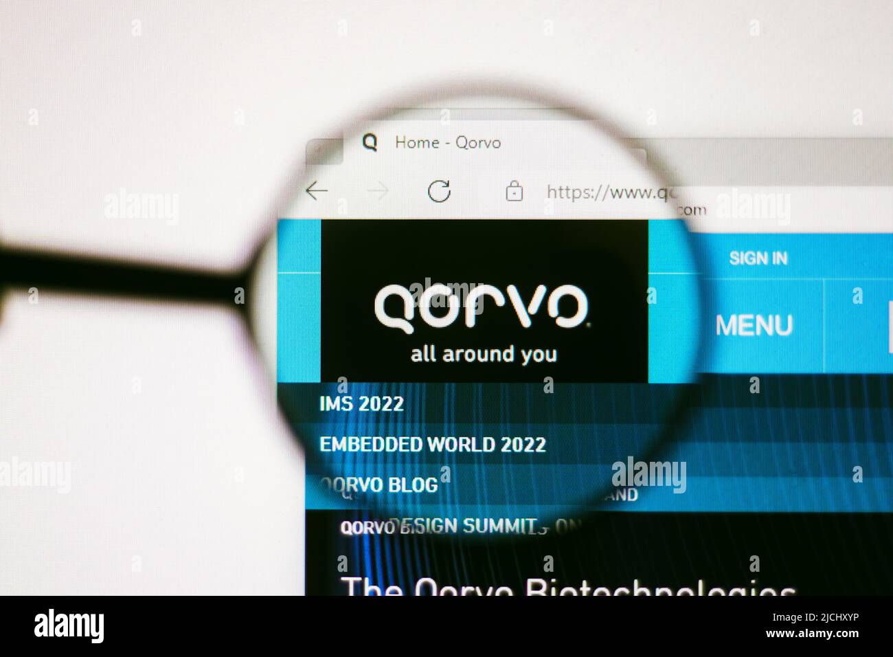 In this photo illustration, the homepage of the Qorvo website seen on a ...