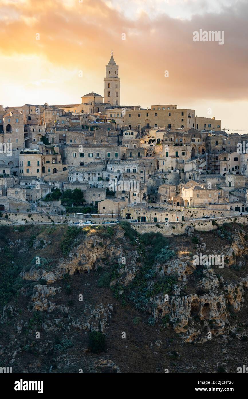 Stunning view of the Matera’s skyline during a beautiful sunset. Matera ...