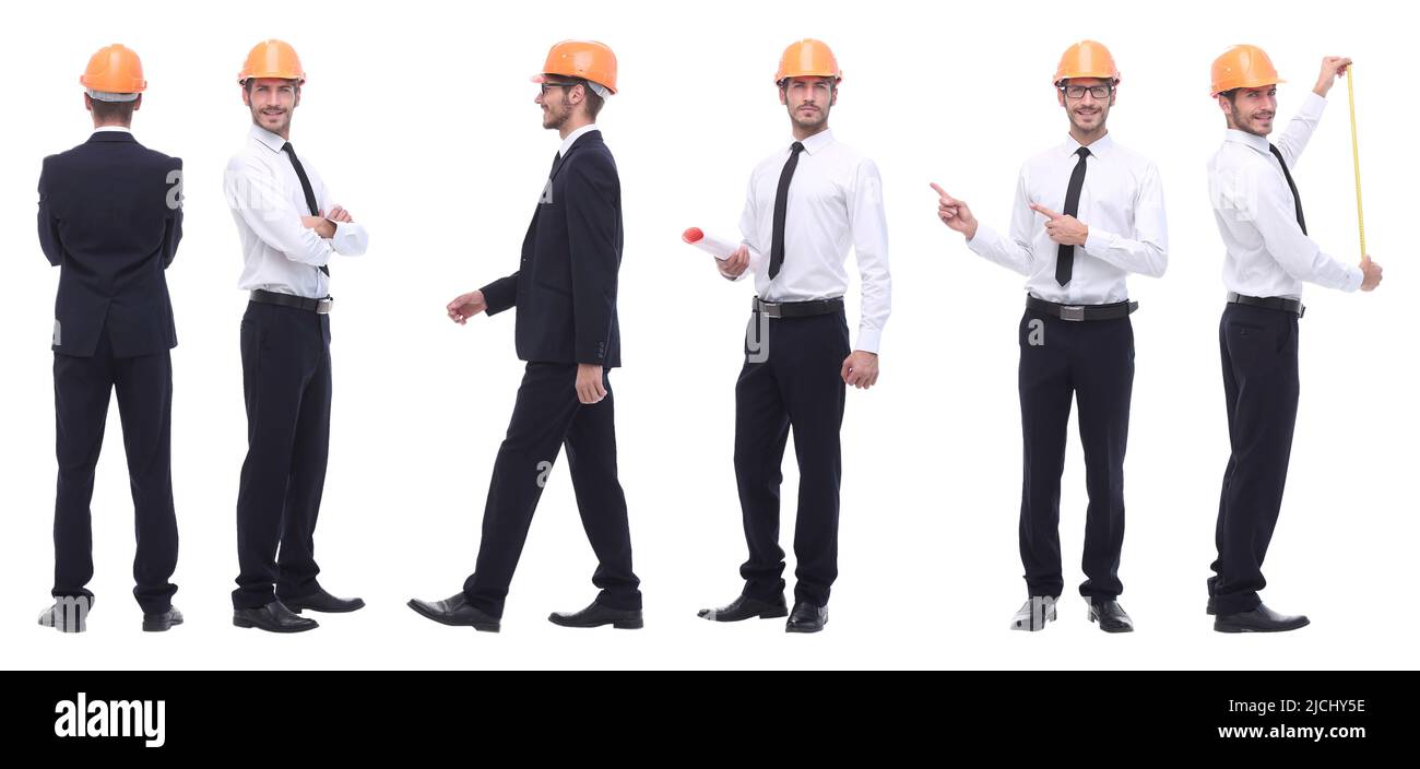 panoramic photo collage of qualified architect isolated on white Stock ...