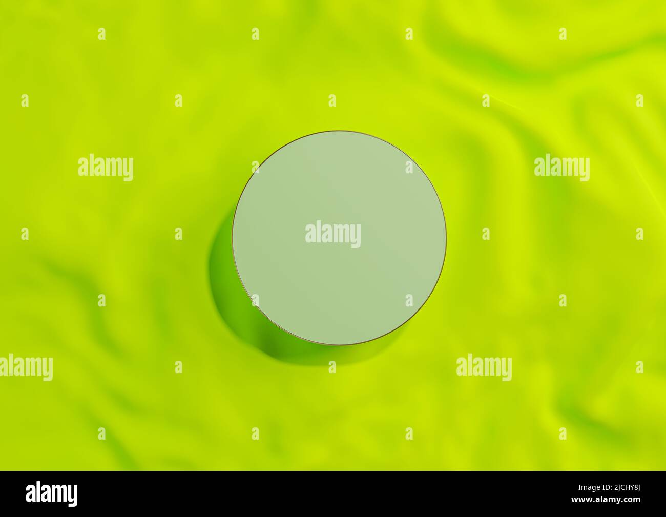 Bright, lime, neon green 3D rendering minimal product display top view flat lay circle podium or ...