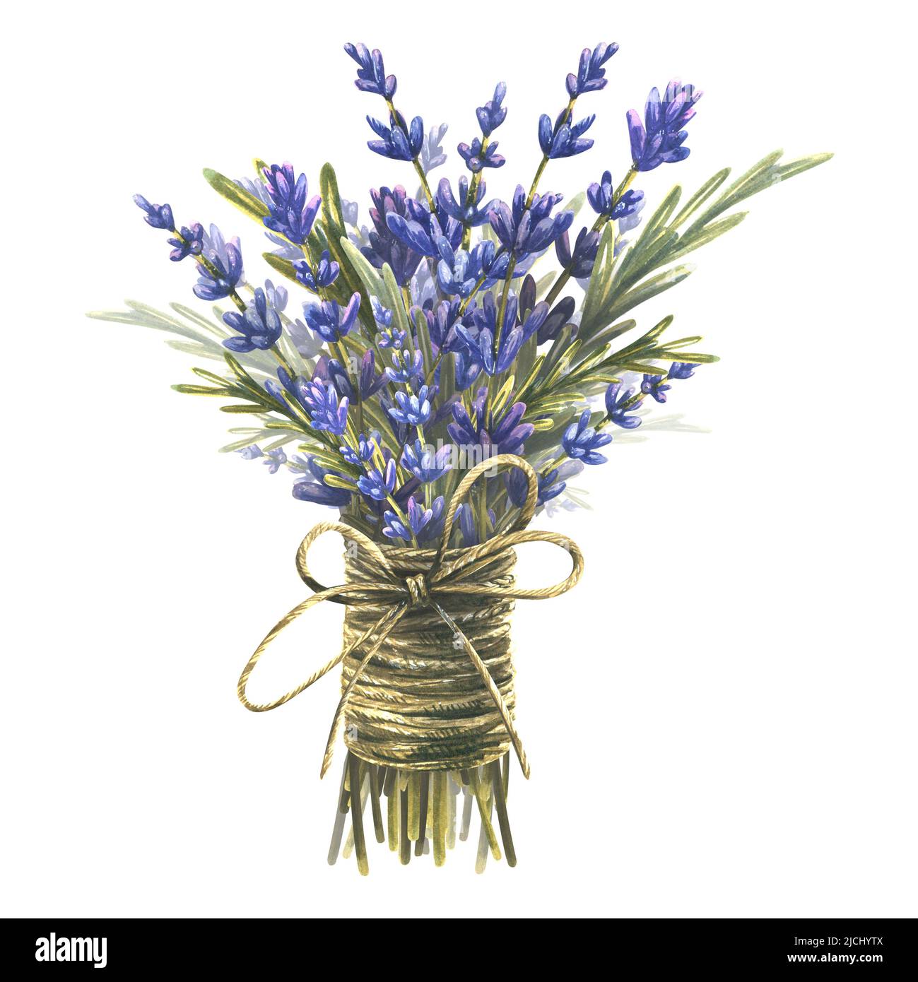 A bouquet of flowers and lavender leaves tied with string with a bow ...