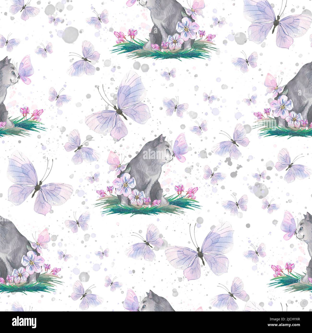 A cute gray cat is sitting on the grass with butterflies, in lilac ...