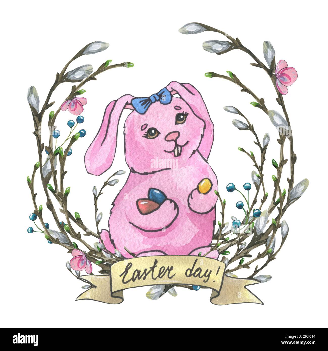 Watercolor illustration of happy Easter day. Composition. Eggs ...