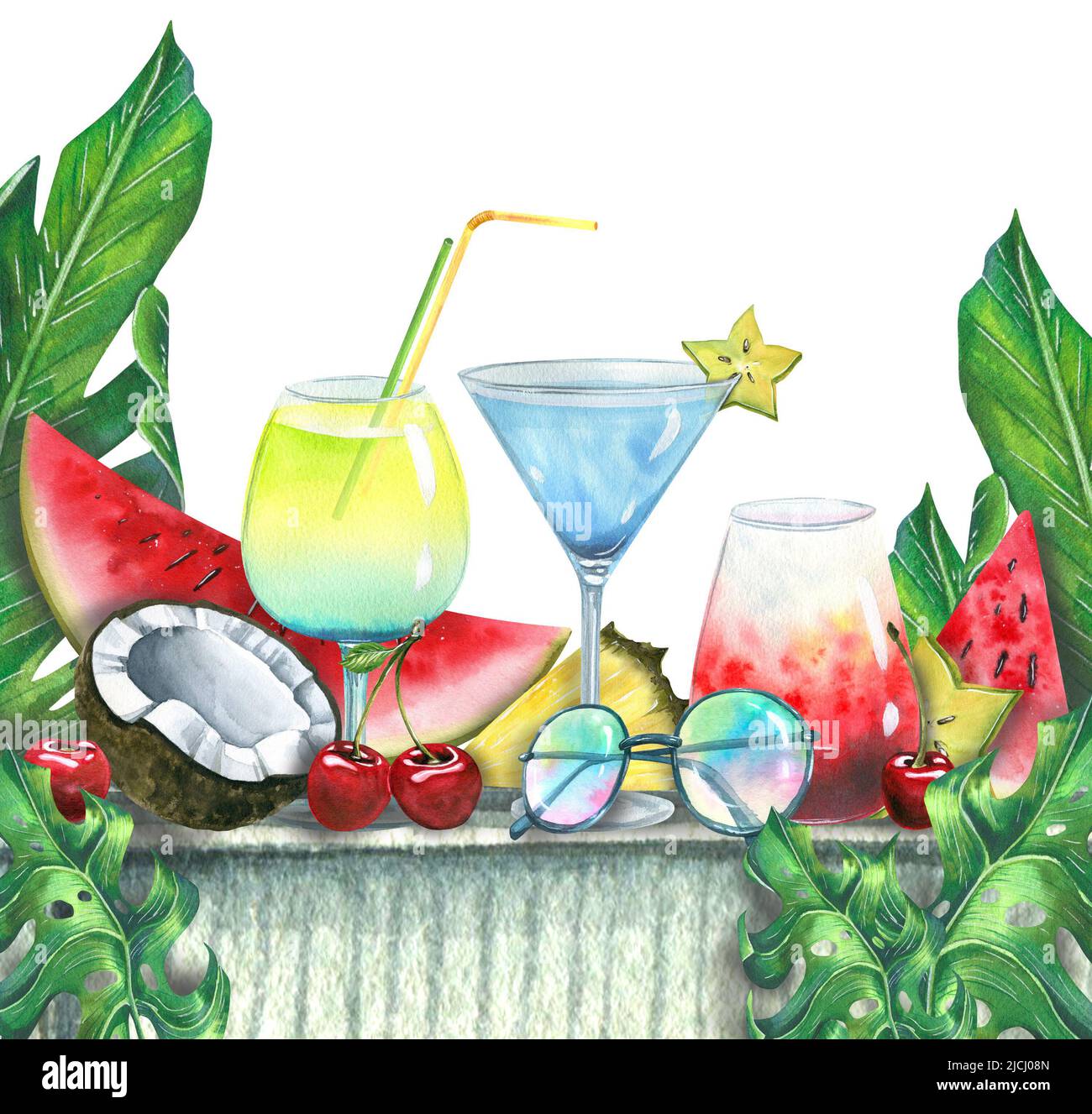 Bar counter with cocktails, fruits, berries, tropical leaves ...