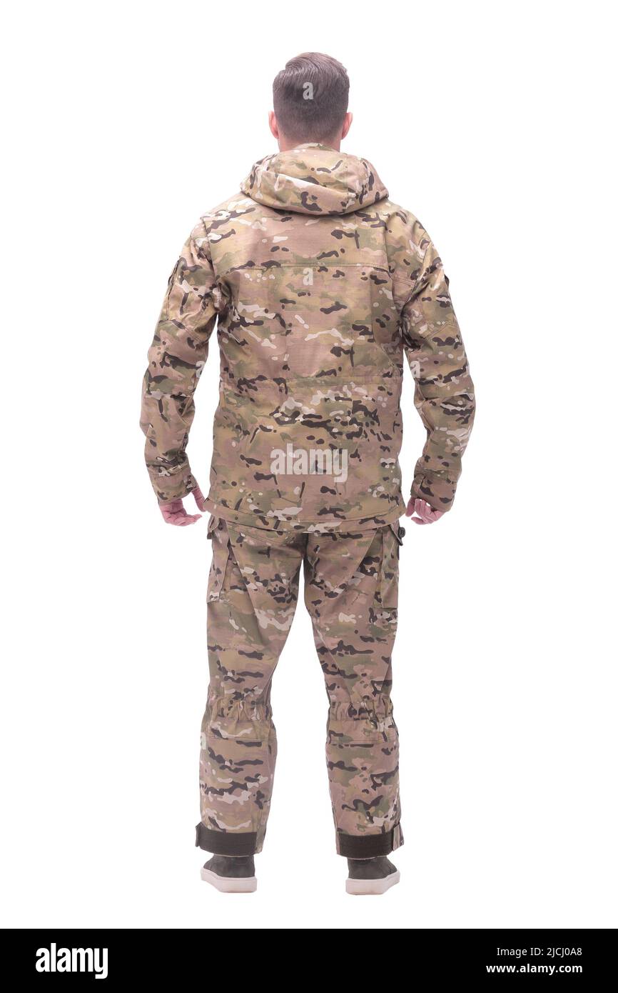side view. man in autumn camouflage looking at copy space Stock Photo ...