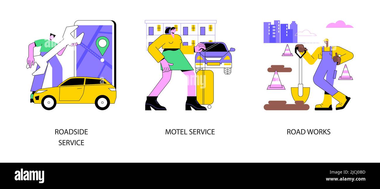 Road service abstract concept vector illustration set. Roadside service, highway motel, bed and ...