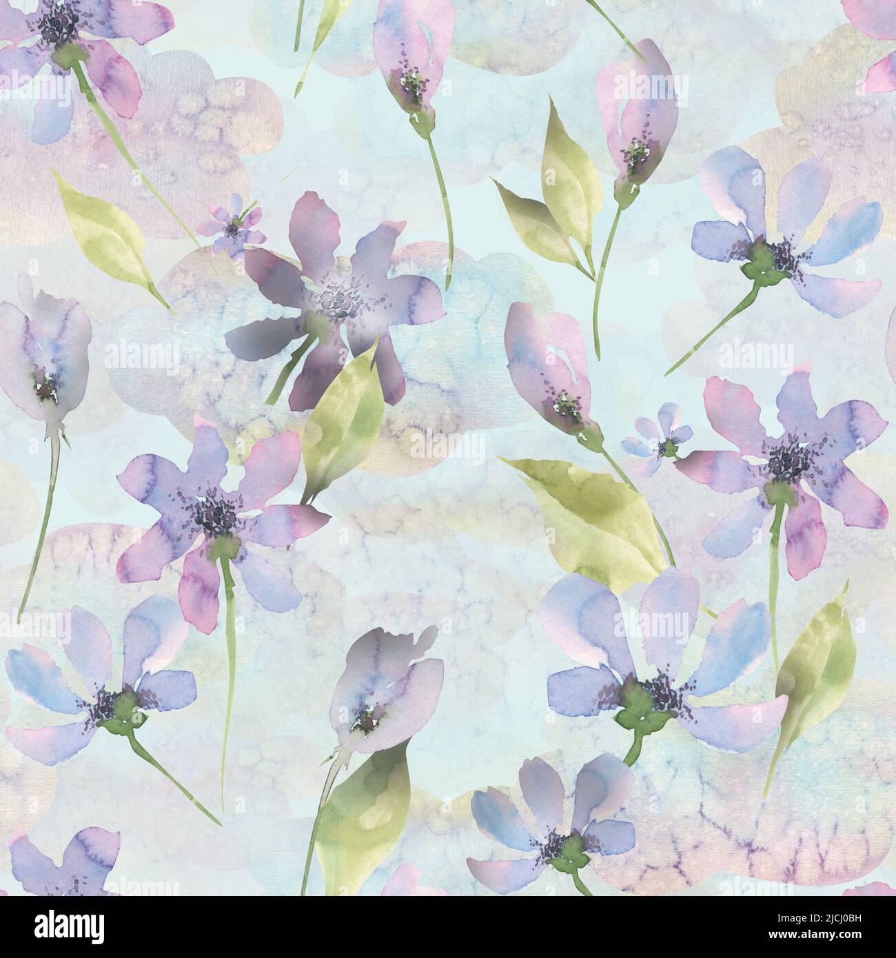Watercolor illustration of lilac simple flowers and leaves. Seamless ...