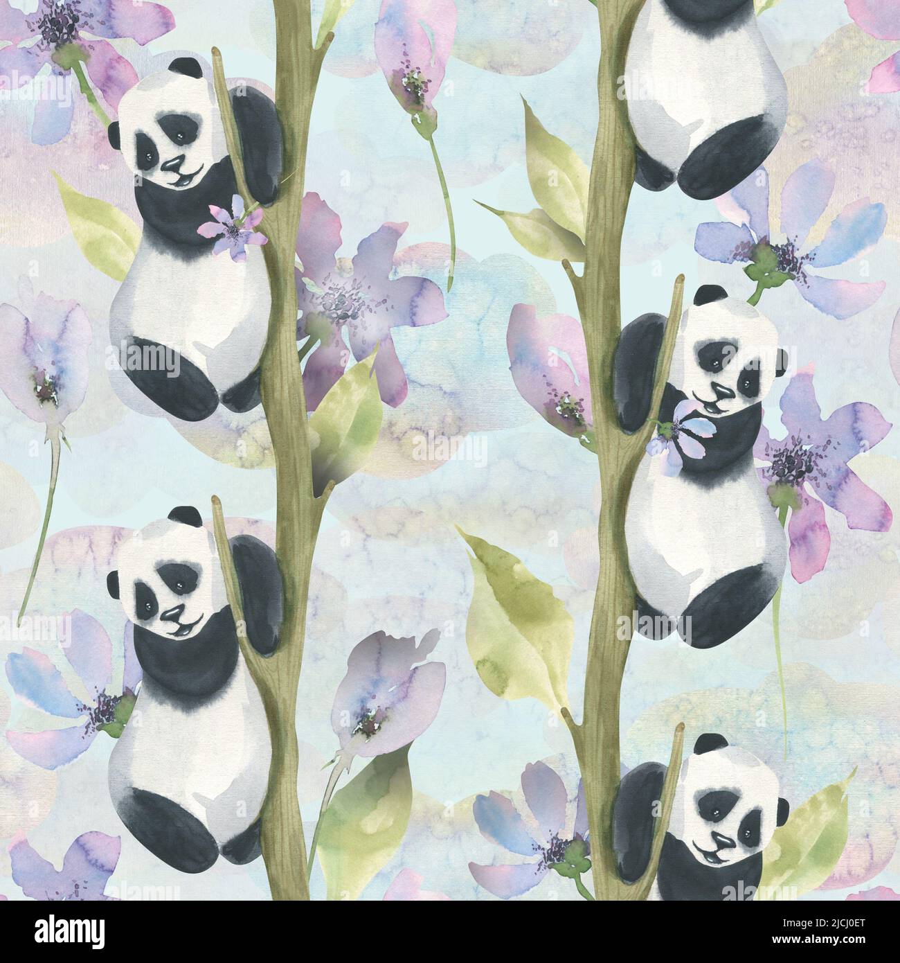 Watercolor illustration of a seamless drawing of a baby panda crawling ...